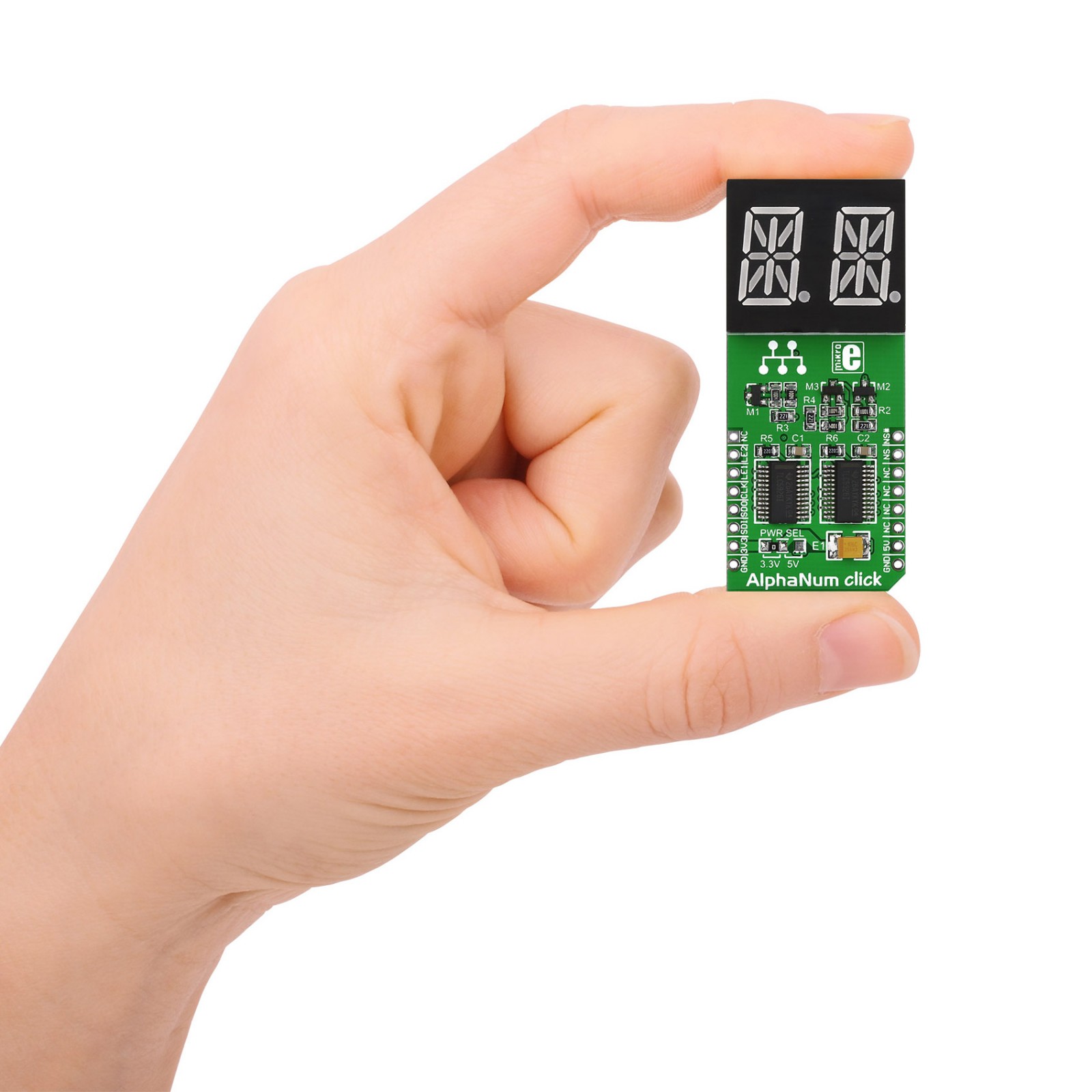 AlphaNum click — board with dual character 14-segment alphanumeric LED display | MikroElektronika