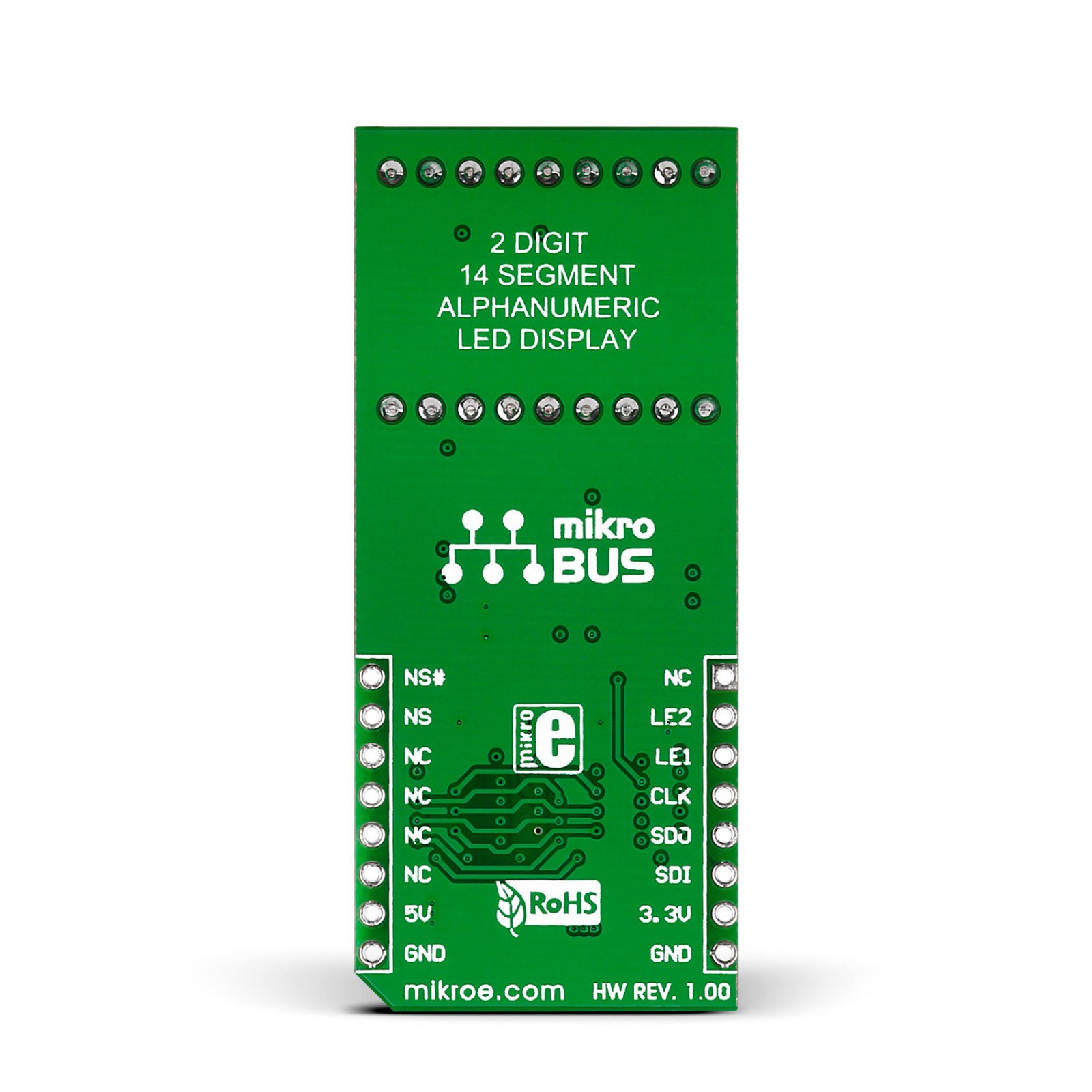 AlphaNum click — board with dual character 14-segment alphanumeric LED display | MikroElektronika