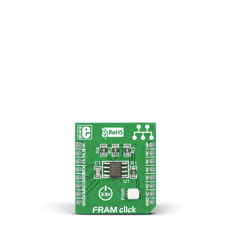 FRAM click - Board with 256K (32,768 words x 8 bits) of Ferroelectric RAM
