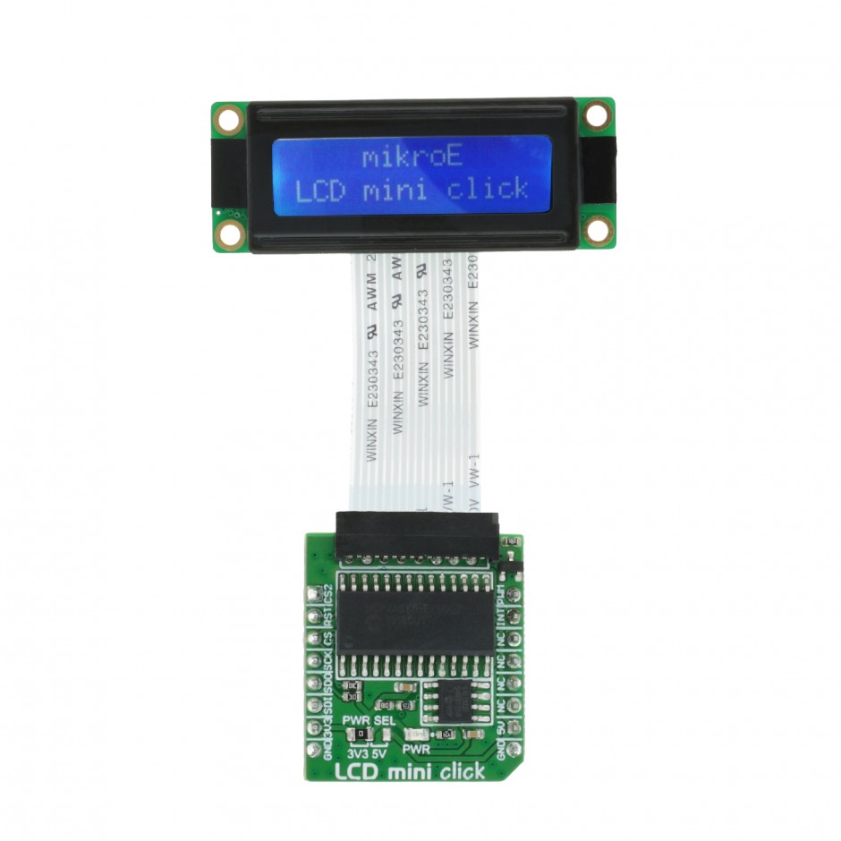 LCD mini click — displays 16x2 monochrome characters on a LCD display