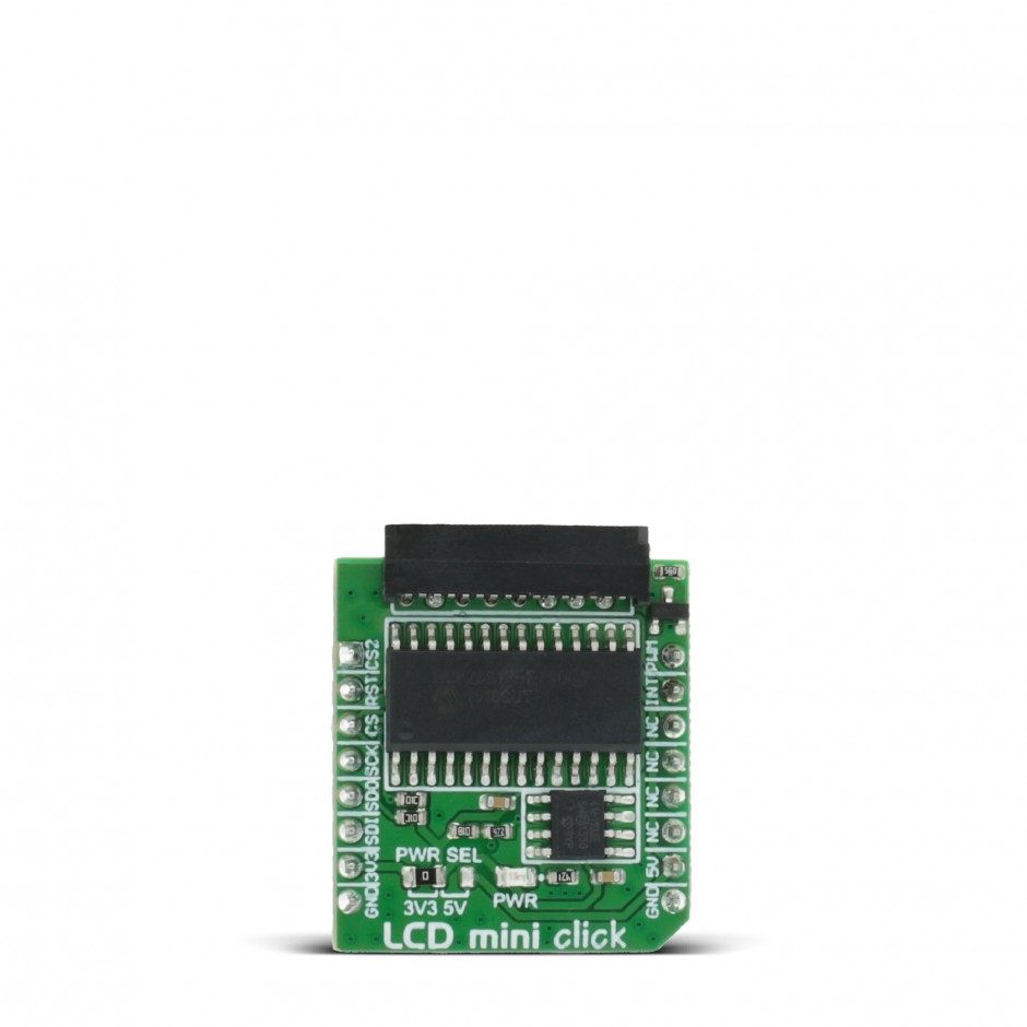 LCD mini click — displays 16x2 monochrome characters on a LCD display