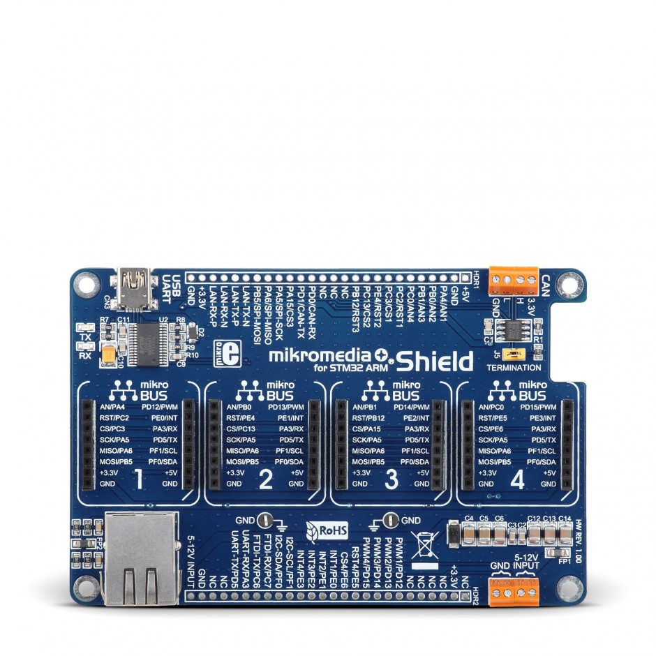 mikromedia plus for STM32 Shield - Board with 4 mikroBUS host sockets