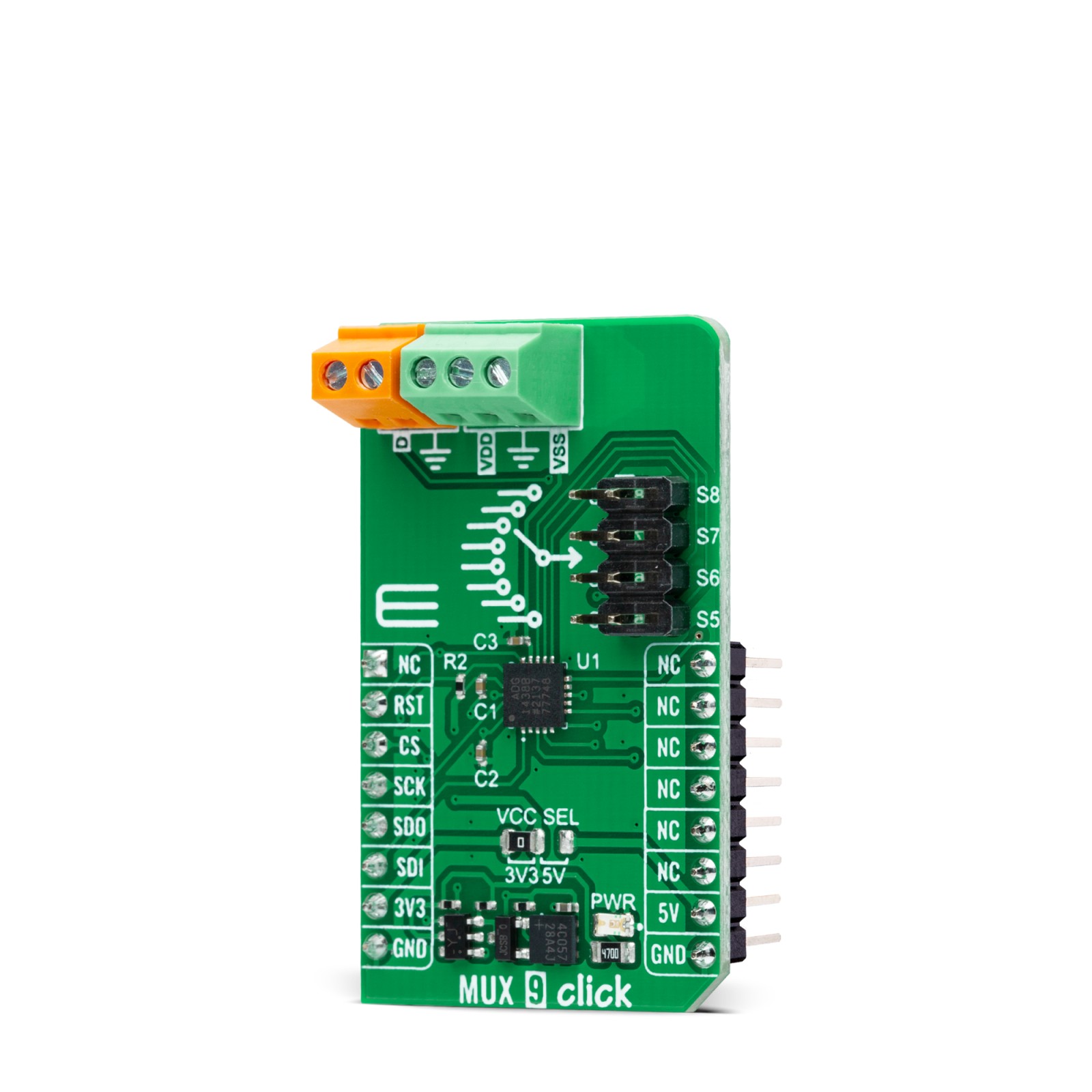 MUX 9 Click | ADG1438 Low-Voltage 8:1 Multiplexer Module