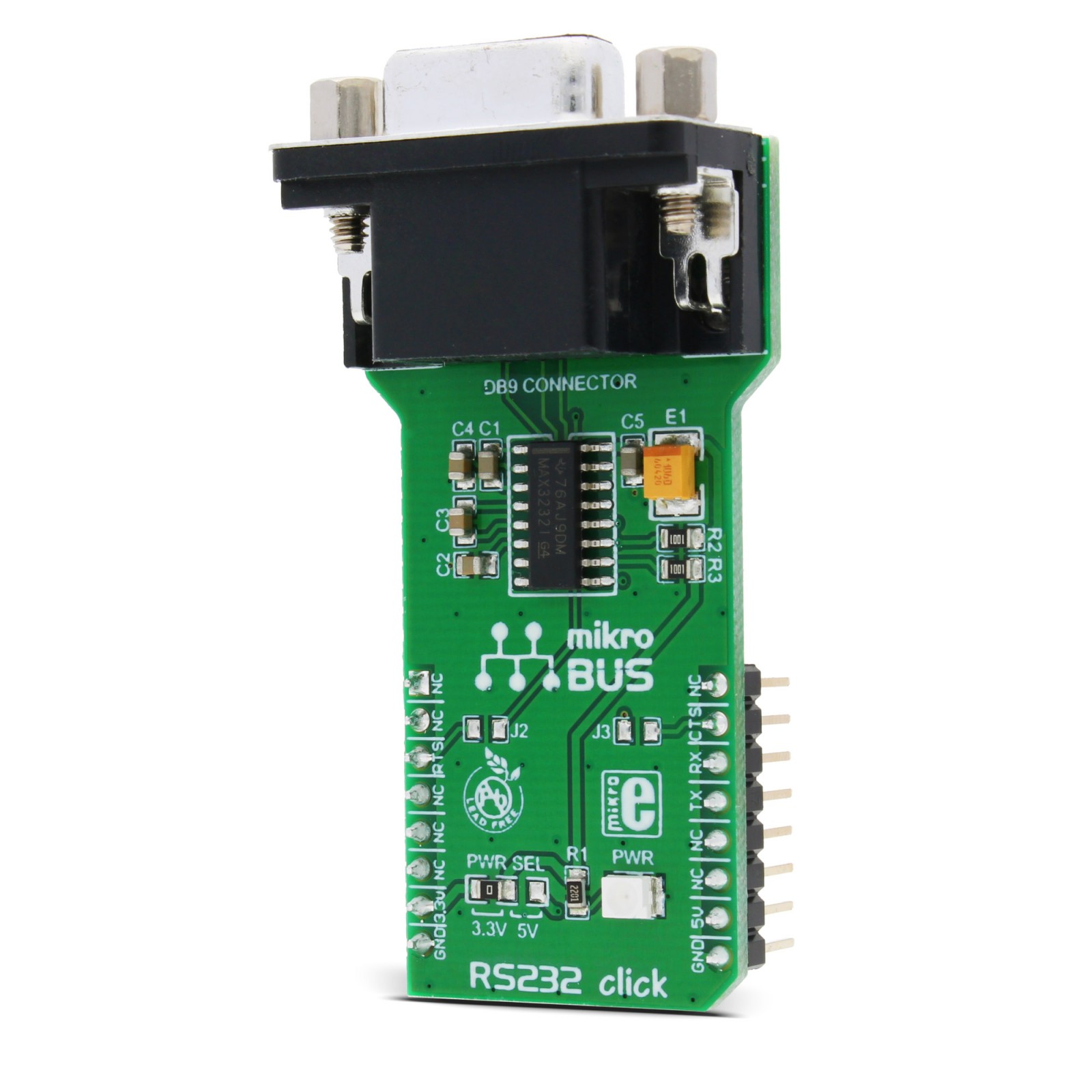 RS232 click - features a standard RS232 DB9 port and a MAX3232 IC