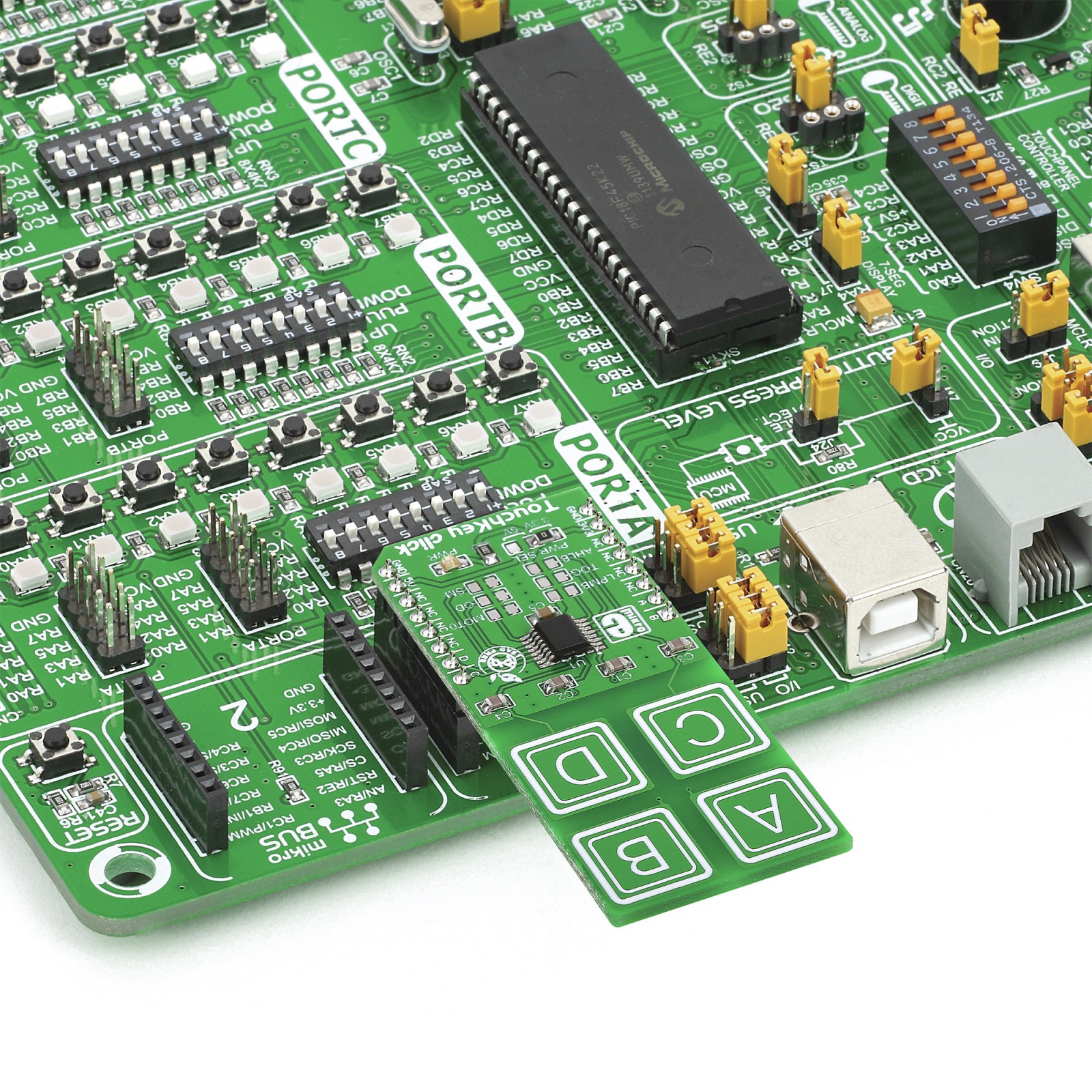 Touchkey click — board with TTP224 IC and four capacitive touchpads