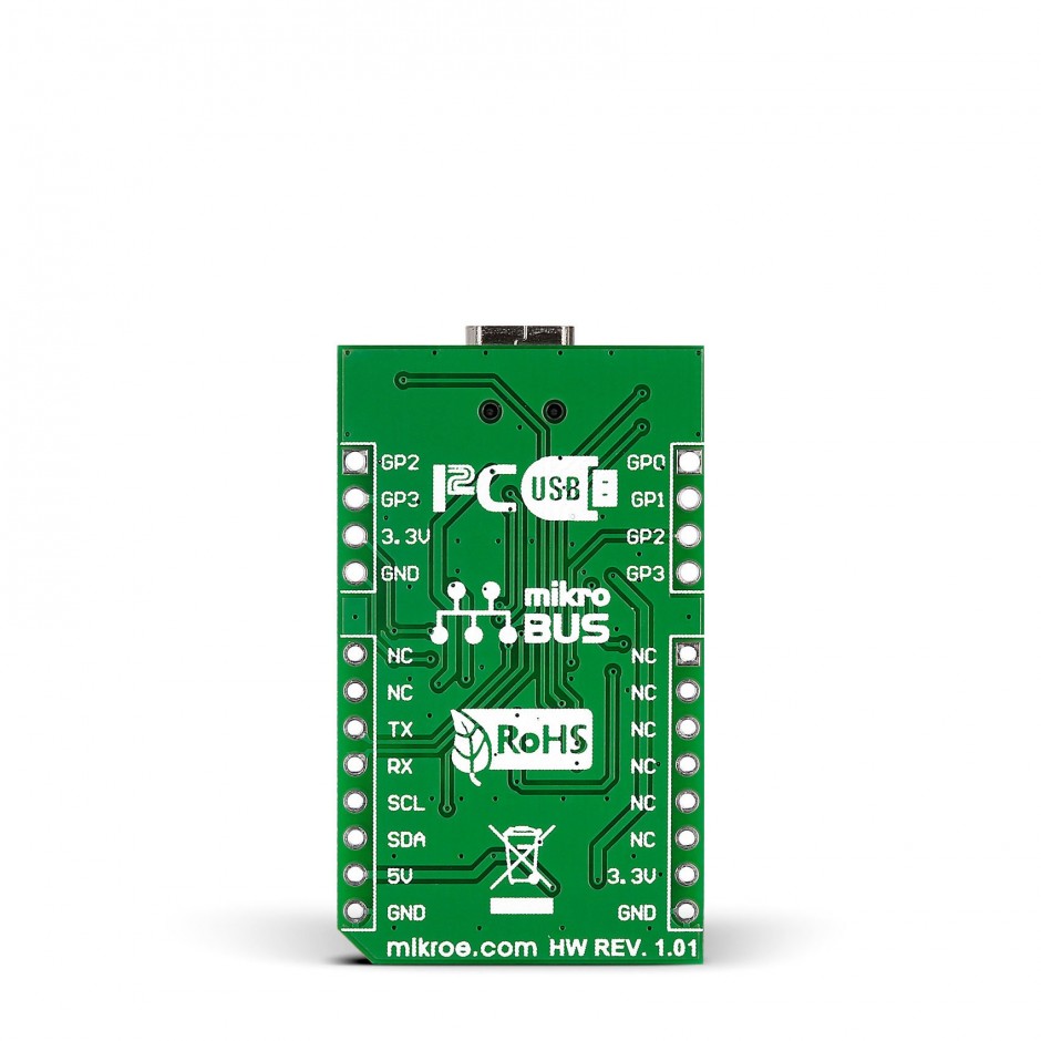 USB I2C click — board with MCP2221 USB-to-UART/I2C converter
